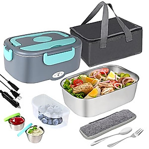 Grotreco Electric Lunch Box, Heated Lunch Box for Adults, 80W Lunch Warmer Portable for Work Car Truck, 1.5L Self Heating Lunch Box with Fork Spoon, Carry Bag