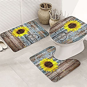 BIUSTAR 4 Piece Rustic Sunflower Shower Curtains Sets with Non-Slip Rugs, Toilet Lid Cover and Bath Mat, Bathroom Sets with Shower Curtain and Rugs and Accessories