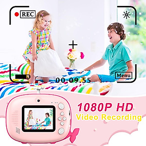 Instant Print Camera for Kids, USHINING Kids Instant Cameras Ink Free Printing Selfie Digital Camera for Kids Aged 3-12,1080P Video Camera with 2.4" Screen,SD Card,Color Pens,Papers,Lanyard (Pink)