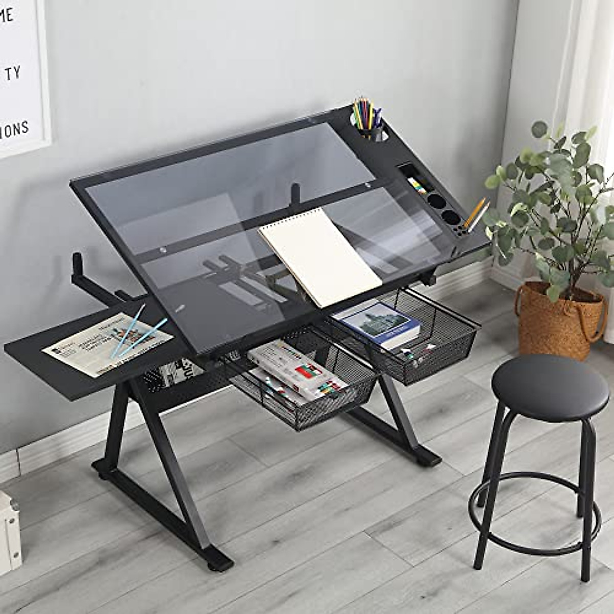 Lamerge Glass Drafting Table with Stool, Drawing Desk for Adults/Artists 2 Storage Drawers,Height Adjustable 0-75° Tilting Home Office, Black (Drafting Table001)