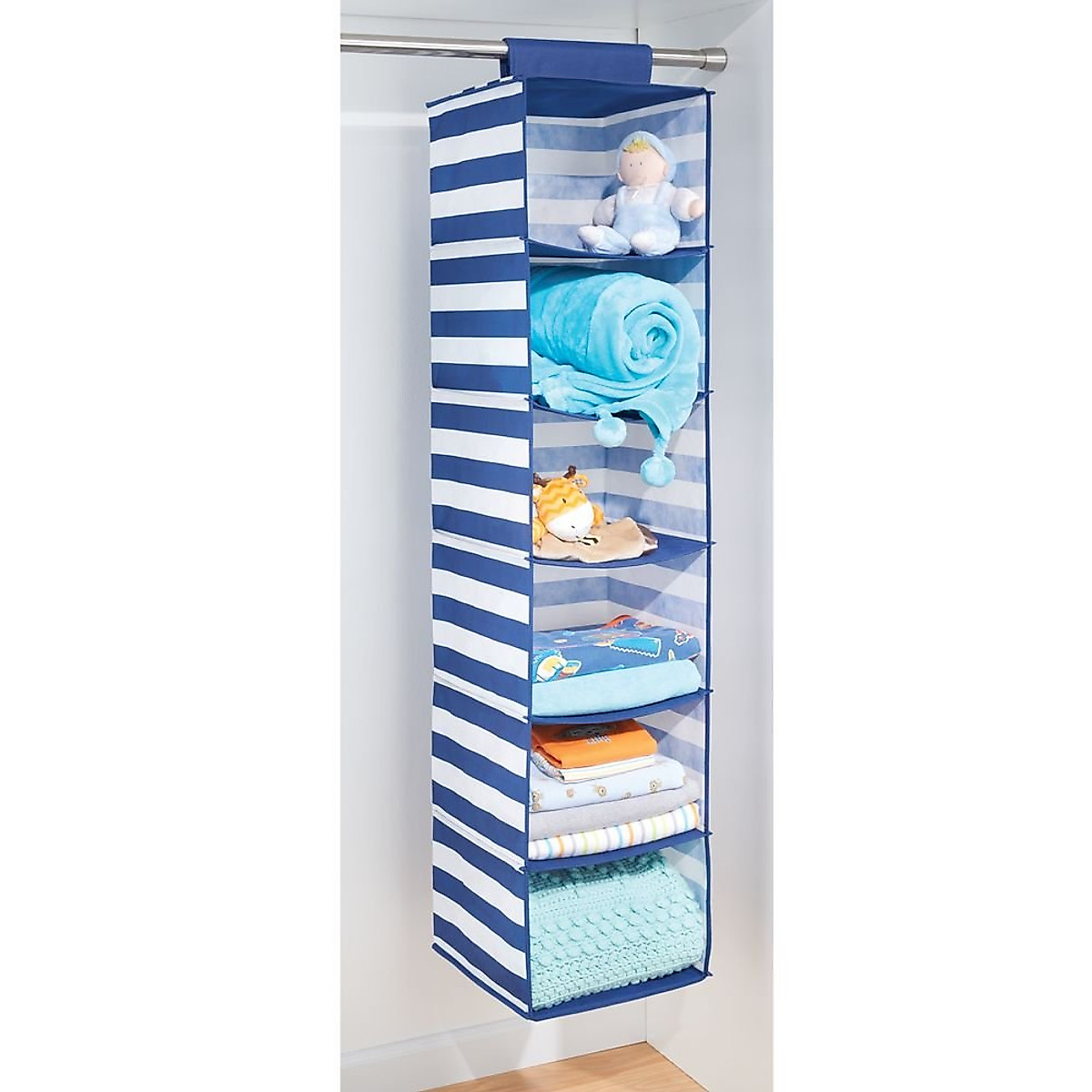 iDesign InterDesign ID jr Fabric Hanging Closet Storage Children's Clothing, Blankets, Toys, Bedding, Shoes, Accessories-6 Shelves, Navy/White IDjr Rugby 6 Shelf Sweater Organizer