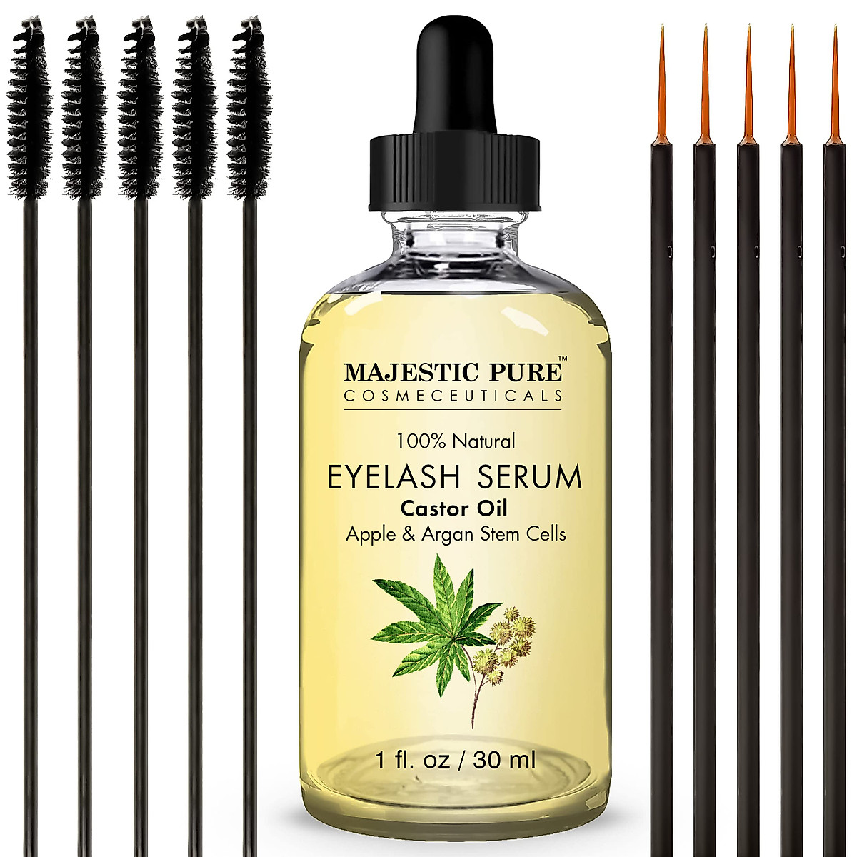 Majestic Pure Castor Oil Eyelash Serum - with Apple & Argan Stem Cells - Eyelash Growth Serum for longer thicker Eyelashes, Eyebrows & Hair - Free Set of Mascara Brush & Eyeliner Applicator - 1 fl oz