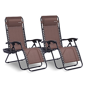 SereneLife Zero Gravity Chairs Set of 2 - Adjustable Steel Mesh Lawn Chairs - Outdoor Lounge Chairs with Detachable Cup Holder Tray - Foldable Outdoor Chair with Removable Pillows - Brown