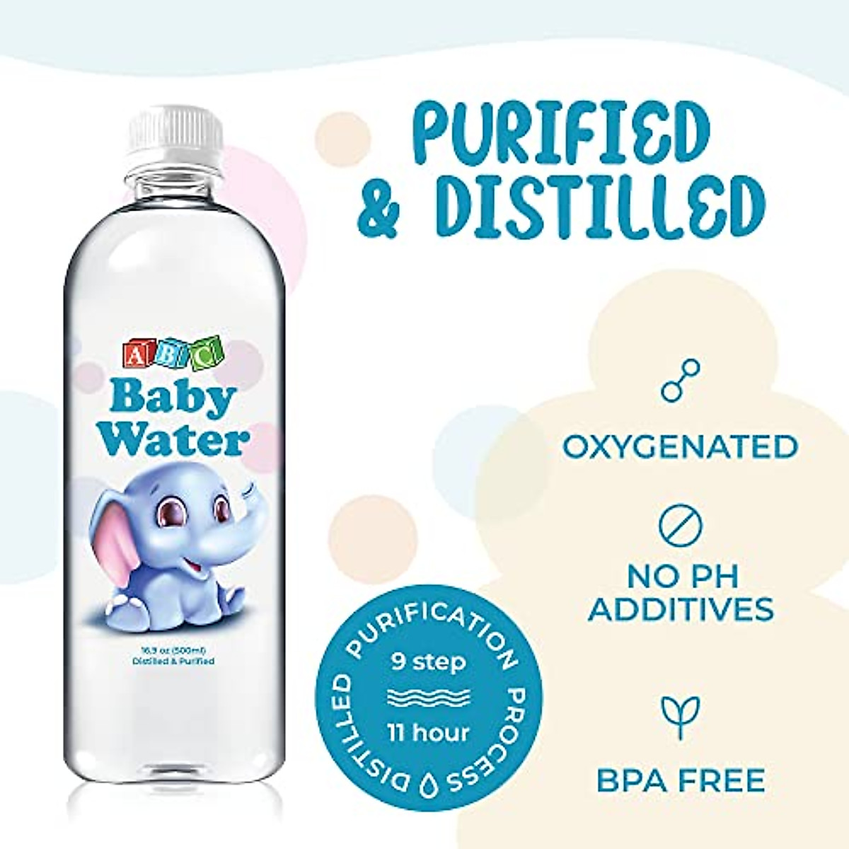 ABC Baby Water Premium Distilled Water for Babies - Healthy Purified 16.9 oz Bottles - Formula, Cereal, Milk, Daily Drinking - 12 Pack