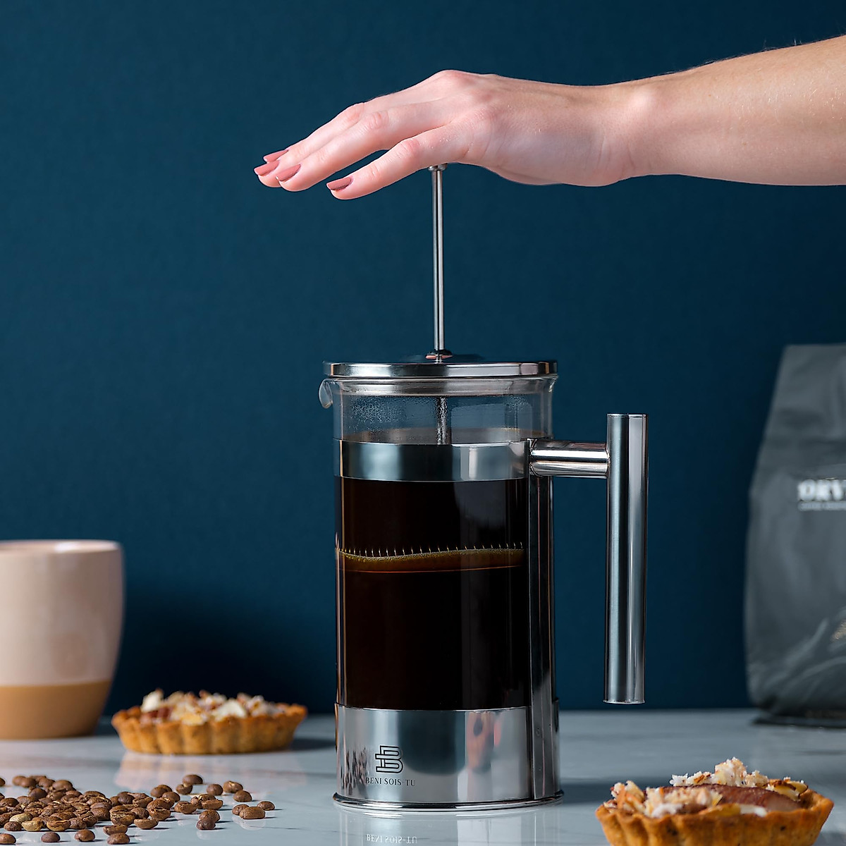 BENI SOIS-TU 34 oz French Press Coffee Maker - Borosilicate Glass, Coffee Brewer, Stainless Steel Plunger, Tea Press for loose Tea, Heat Resistant, Silver