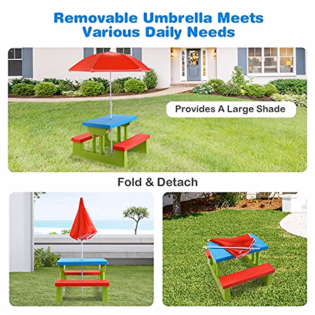 KOTEK Kids Picnic Table Set w/Removable Umbrella, Outdoor Party Table and Bench for Tea Time & Study, Brightly Colored Toddler Activity Table for Home, Kindergarten & Nursery (Red)
