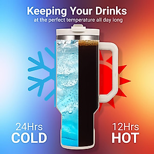 Cuteever Insulated Cup 40 oz Tumbler with Handle and Straw- Stainless Steel Water Bottle - Spill Proof Tumbler with Straw & Tumbler Accessories for Smoothie, Water, Iced Tea, or Coffee - Almond Color.