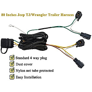Oyviny Custom 4 Pin Trailer Wiring Harness 55363 for 1998-2006 Jeep TJ/Jeep Wrangler, Plug&Play TJ Trailer Wiring 80 Inches