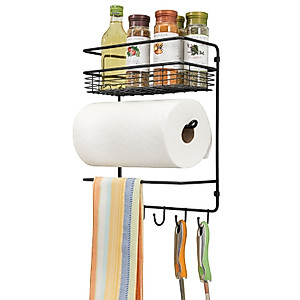 mDesign Metal Wall Mount Paper Towel Holder with Storage Shelf and Hooks for Kitchen, Pantry, Laundry, Garage Organization - Holds Spices, Seasonings, Pot Holders, Cookware - Black