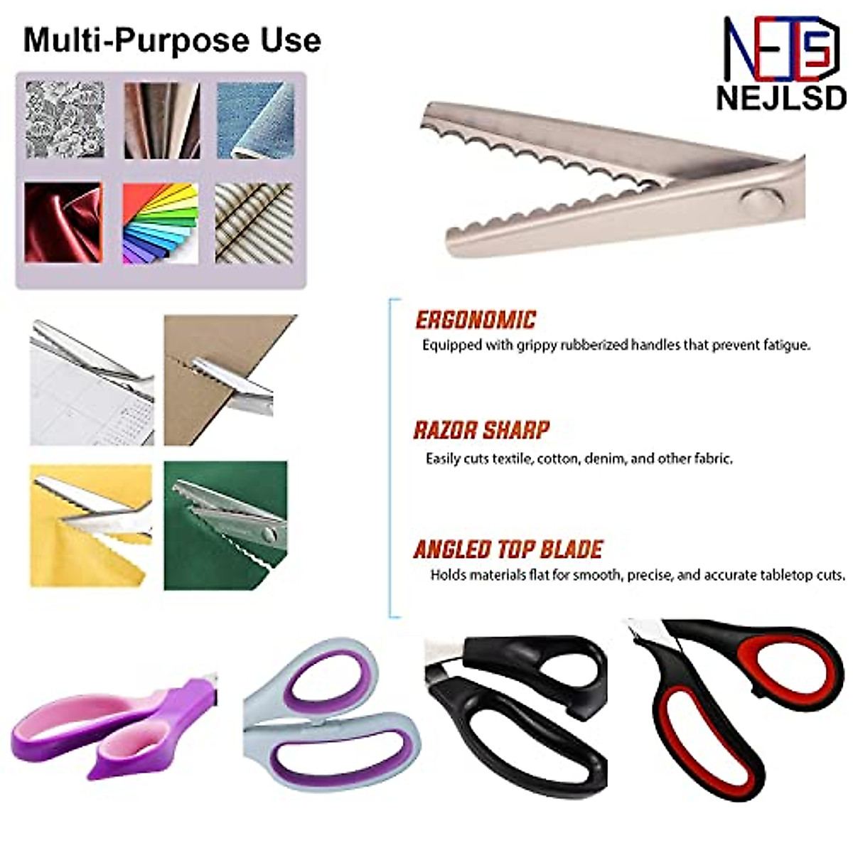 NEJLSD Pinking Shears for Fabric Scalloped 5mm, Stainless Dressmaking Sewing Scissors Steel Handled Professional Zig Zag Fabric Craft Scissors 9.3 inch (Purple)