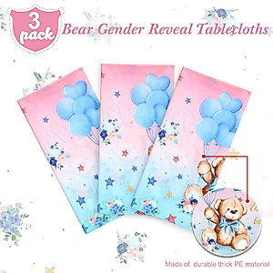 Capoda 3 Pcs Bear Baby Shower Tablecloths Bear Gender Reveal Table Covers Rectangle Plastic Bear Table Cloths for Bear Baby Shower Gender Reveal Party Decorations, 54 x 108 Inch, Blue Pink
