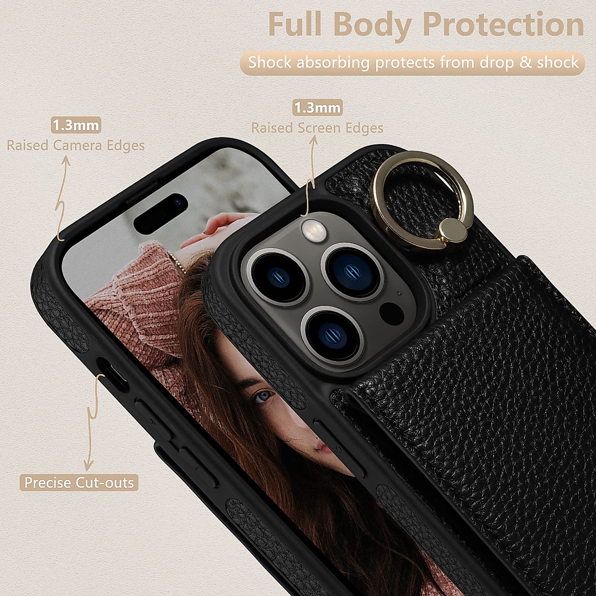 Keallce Case for iPhone 14 Pro 6.1'', Detachable Crossbody Case Wallet with RFID Blocking Card Holder, 360ｰRing Stand, Folio Leather Phone Cover Shoulder Lanyard Strap Lady for iPhone 14 Pro 5G, Black