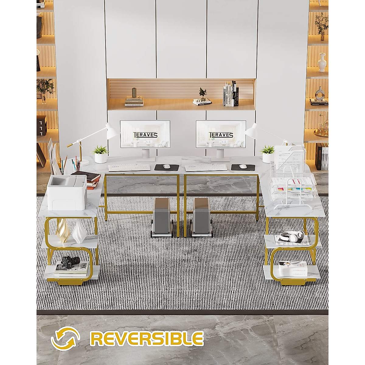 Teraves Reversible L Shaped Desk with Large Surface, 69 Inch Sturdy Corner Desk with Storage Shelves, Premium Office Computer Desk Workstation for Home Office Gaming