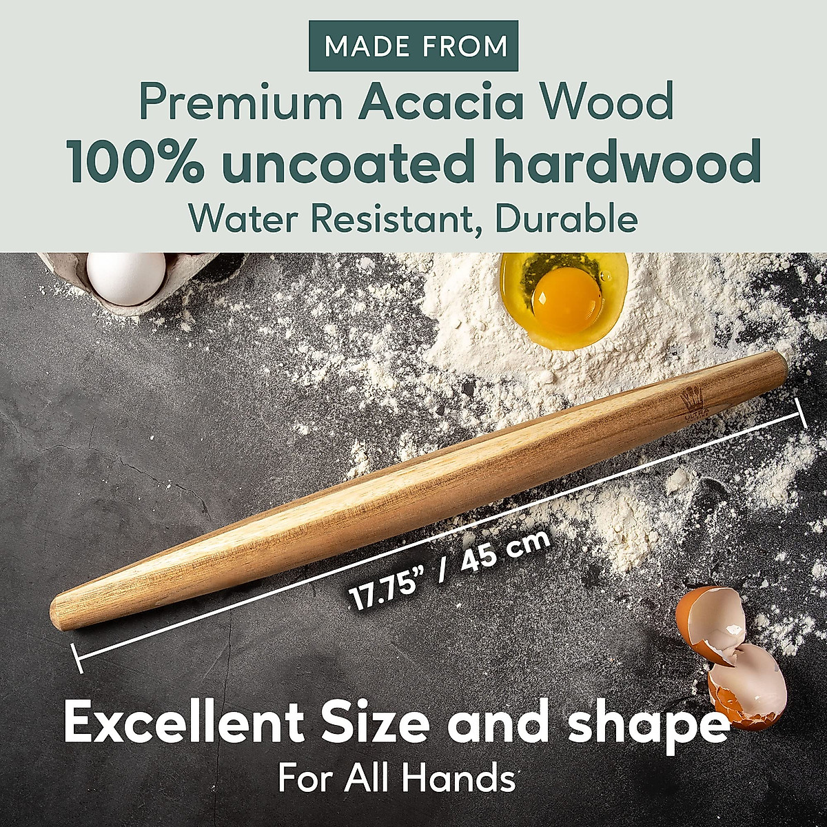 Ultra Cuisine French Rolling Pin for Baking - Dough Roller and Fondant Roller - Wood Rolling Pin for Ravioli, Pastry, Dough, Dumpling, Tortilla, Bread, & Pasta - Tapered Wooden Rolling Pin (17.75")