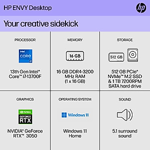 HP Envy Desktop PC, 13th Generation Intel Core i7-13700F, 16 GB RAM, 512 GB SSD, 1 TB HD, NVIDIA GeForce RTX 3050, Windows 11 Home, TE01-4050 (2023)