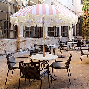 HM&DX Pink Patio Umbrella with White Tassels,7 Ft Outdoor Table Umbrella Button Tilt,Round Outdoor Umbrella 8 Sturdy Ribs,Sun Shade Rainproof Garden Umbrella