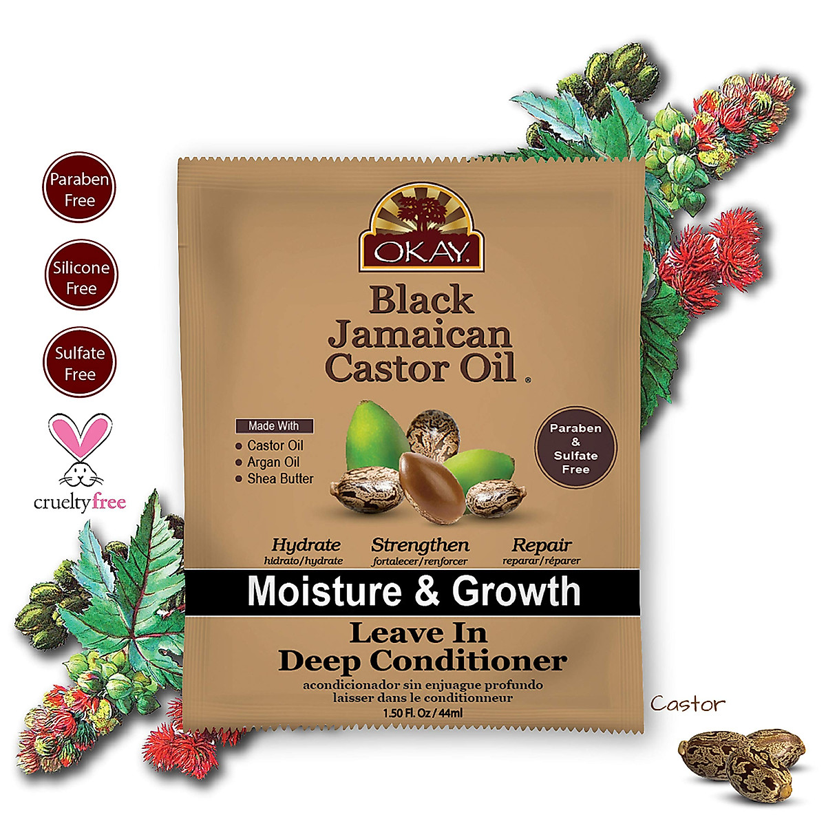 OKAY - Black Jamaican Castor Oil Leave-In Conditioner - All Hair Types/Textures - Repair, Moisturize, Grow Healthy Hair - with Argan Oil, Shea Butter - Free of Parabens, Silicones, Sulfates - 1.5 oz , brown