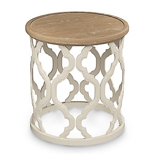 VONLUCE Farmhouse End Table,17.7'' Round French Country Side Table,Distressed Wood Tray Top Rustic Accent Table with Lipped Edge for Living Room Dining Room Bedroom,Small Space,Beige