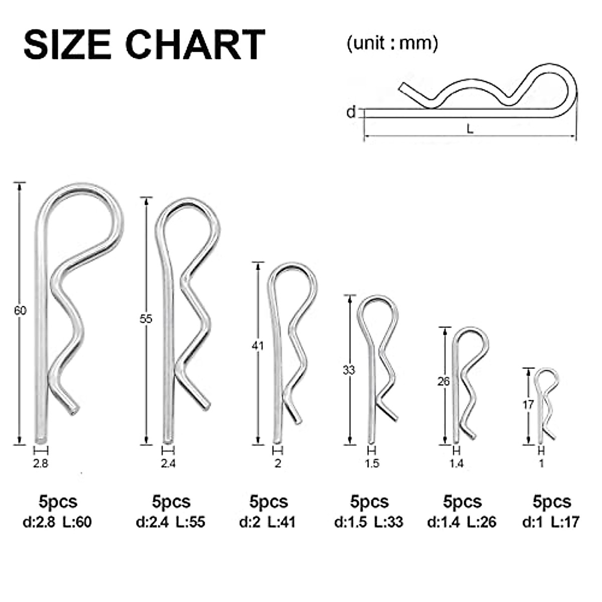 Exqutoo 30 Pcs Zinc Plated Steel Hair Pin Assortment Kit Clips for Hitch Pin Lock System