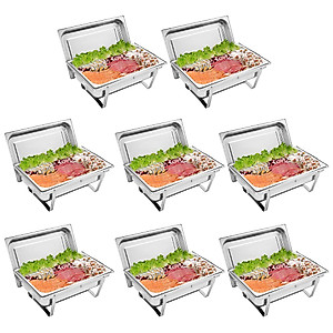 ROVSUN 8 Qt 8 Pack Full Size Stainless Steel Chafing Dishes Buffet Set, NSF Silver Rectangular Catering Chafer Warmer Set with Trays Pan Lid Folding Frame Stand for Kitchen Party Banquet Dining