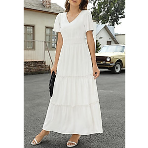 Zattcas Womens 2025 Long Summer Dress Casual Short Flutter Sleeve V Neck Smocked Waist Tiered Flowy Modest Solid Boho Maxi Dress White M