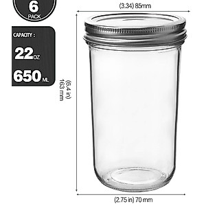 KAMOTA Wide Mouth Mason Jars 22 oz With Wide Mouth Lids and Bands, Ideal for Jam, Honey, Wedding Favors, Shower Favors, Baby Foods, 6 PACK, Extra 6 Silver Lids with Straw Hole Included…
