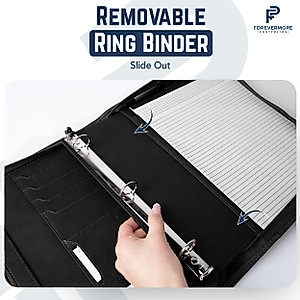 Forevermore Portfolios Padfolio Binder - Professional Faux Leather Travel Organizer Pouch for Tablet, Documents, Presentation Folders, Zipper Closure, Removable 3-Ring Notepad - Black