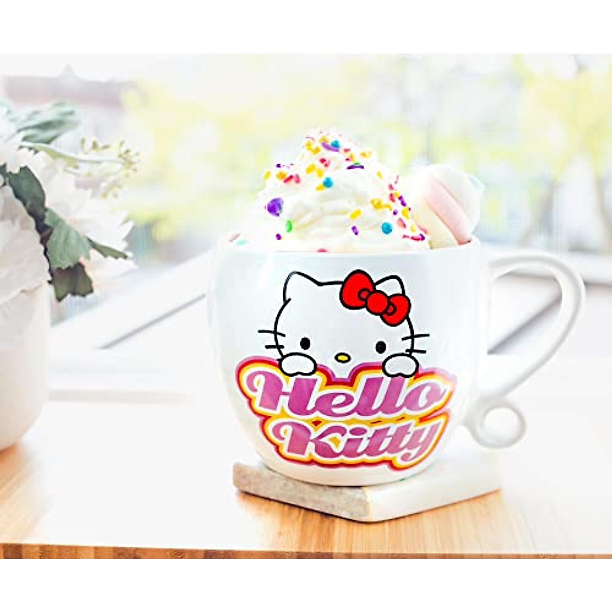 Sanrio Hello Kitty Hearts Ceramic Coffee Cup With Loop Handle | Mug For Tea, Espresso, Cocoa | Holds 16 Ounces
