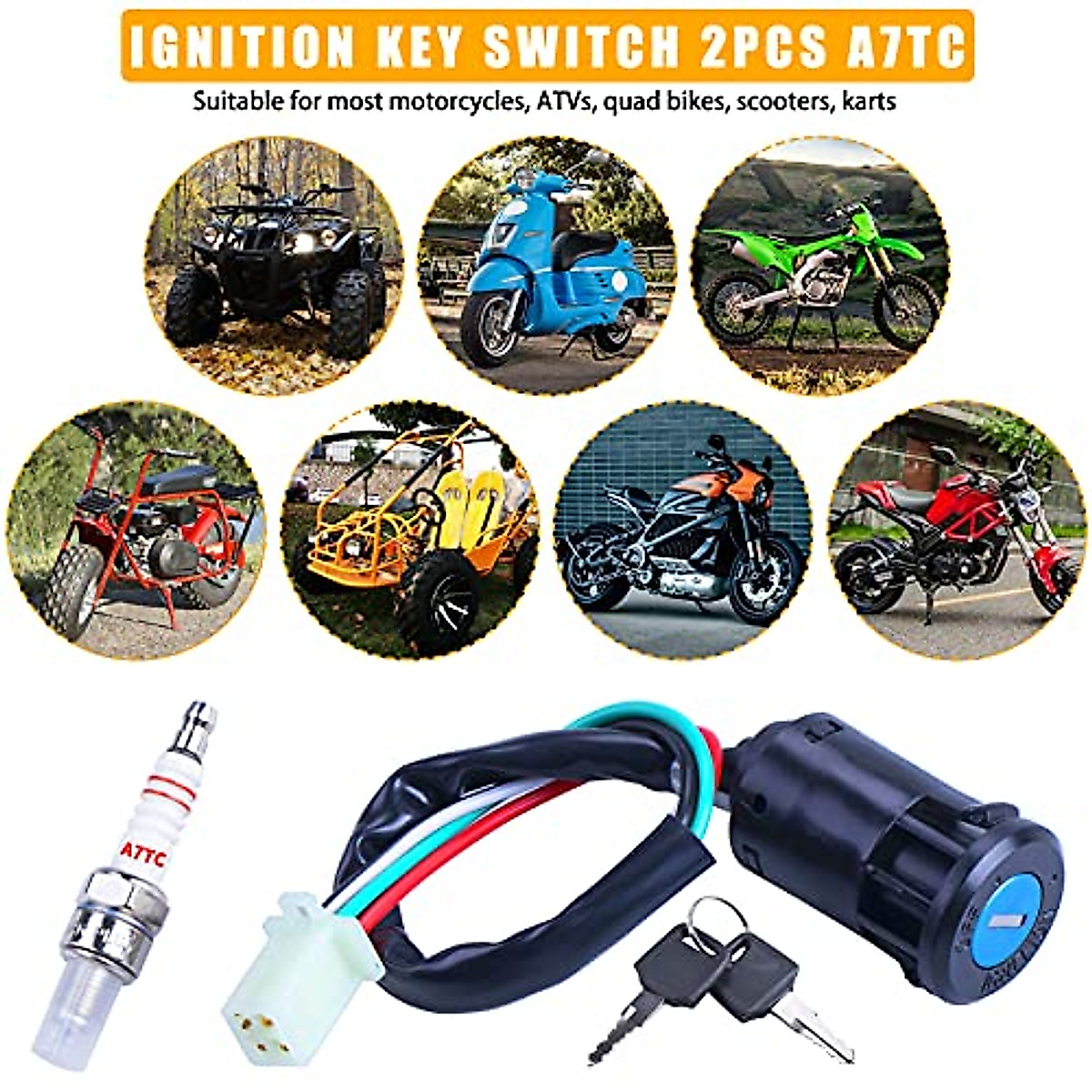 MWMNUN Ignition Key Switch 2pcs 4-Wire 4-pin and A7TC Spark Plug Replacement for Taotao Coolster Sunl 50cc 70cc 90cc 110cc 125cc Chinese ATV Dirt Bike Quad Go Kart Moped Scooter Parts