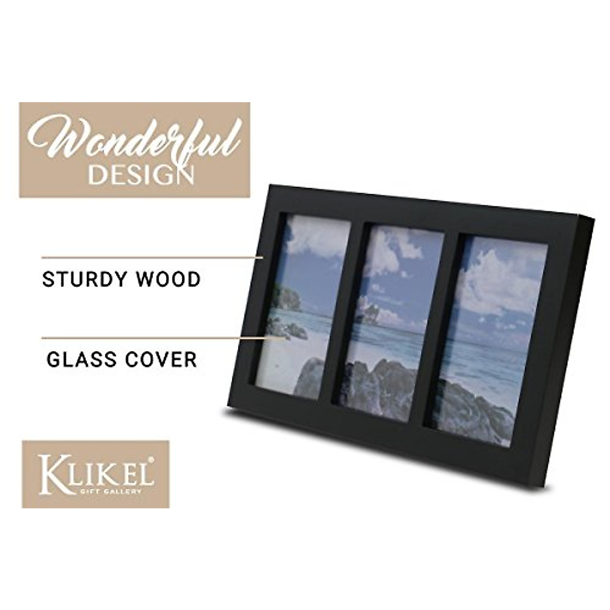 Klikel 3 Photo Collage Solid Black Wood Picture Frame - 3 Opening 5 X 7 Picture Slots
