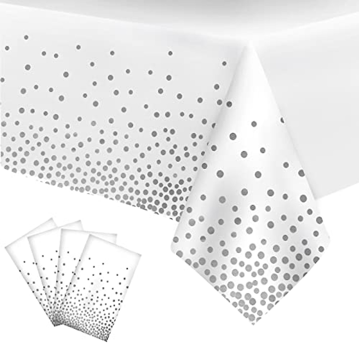 Paready White Silver Plastic Tablecloth 4 Pack 54" x 108", White Disposable Tablecloth with Silver Dot Confetti, Rectangular Plastic Table Cover for Parties, Birthday, Wedding, Graduation, Anniversary