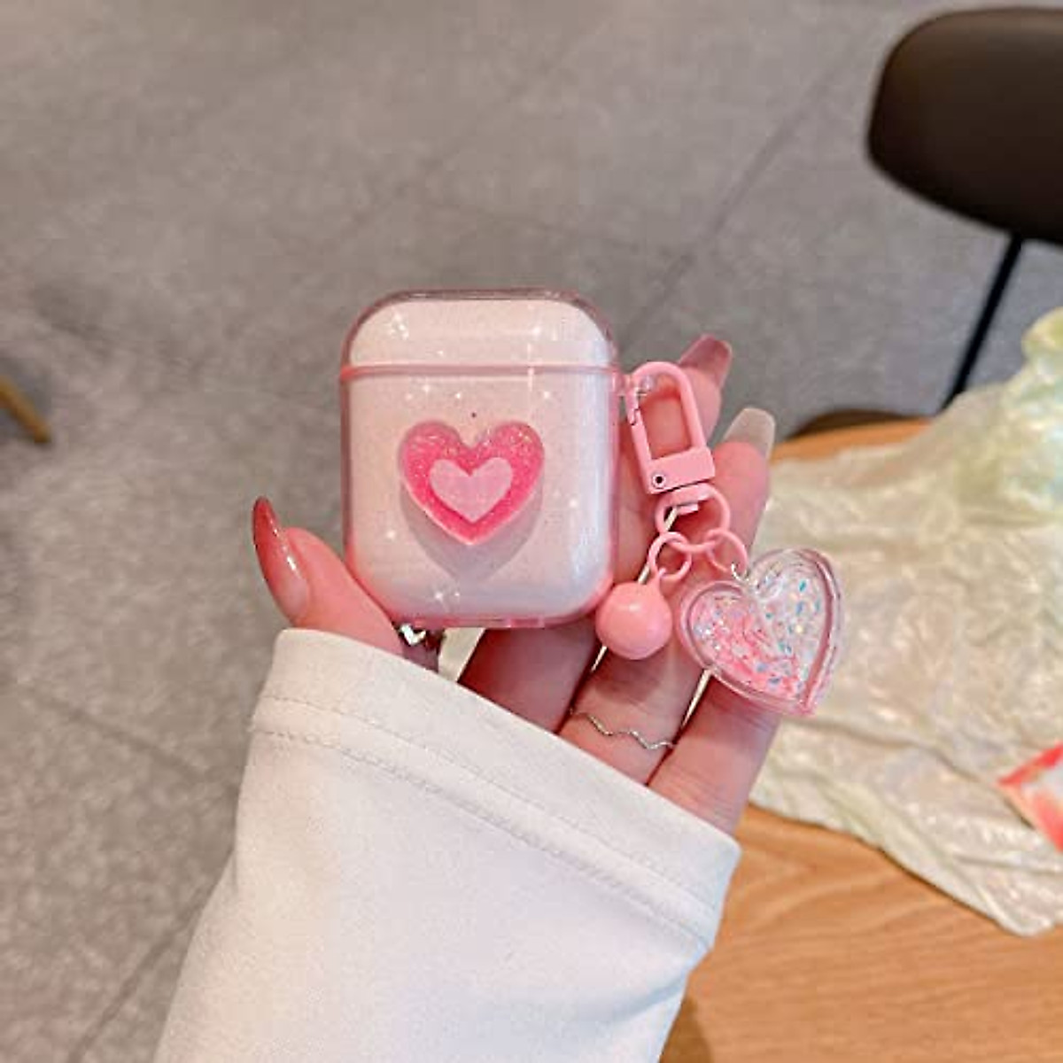 Ownest Compatible for AirPods Case, Cute 3D Heart Clear TPU Shockproof Cover Case Glitter with Bell Keychain for Women Girls for Airpods 2&1-Pink