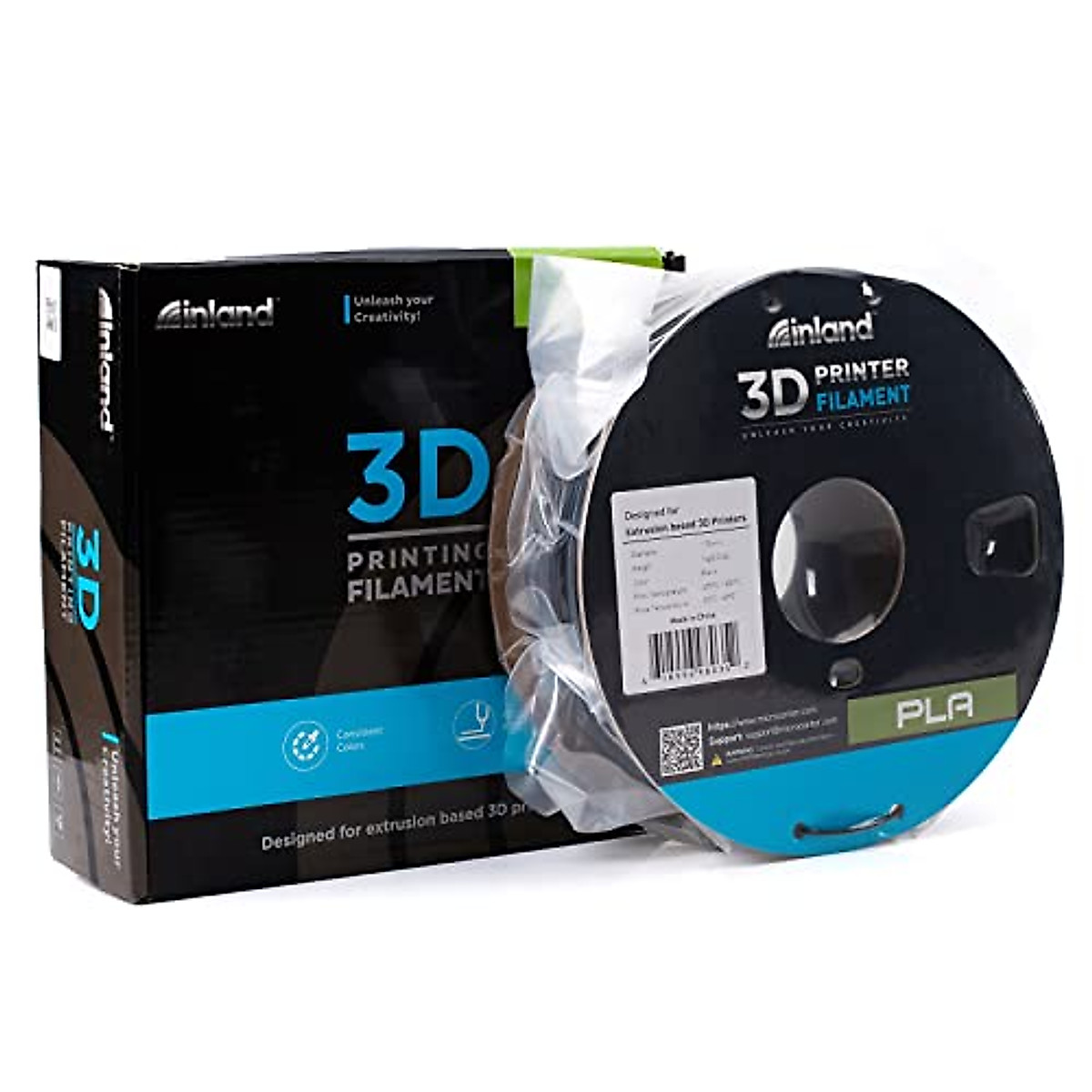 INLAND PLA 3D Printer Filament - 3D Printing PLA Filament 1.75mm, Dimensional Accuracy +/- 0.03mm - 1kg Cardboard Spool (2.2 lbs), Black PLA