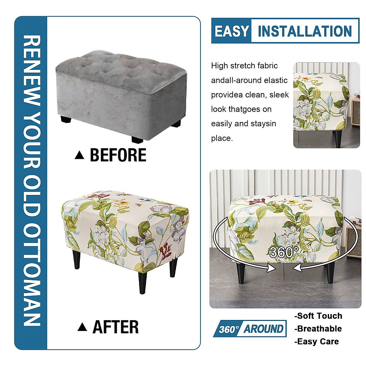 CRFATOP Ottoman Chair Cover X-Large Ottoman Chair Slipcovers Printed Rectangle Storage Stool Cover Stretch Footstool Footrest Sofa Slipcovers with Elastic Bottom,30