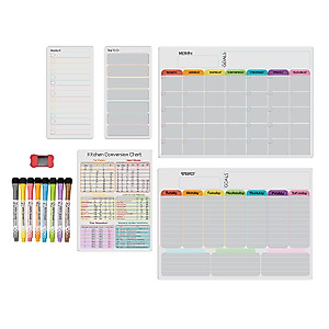 Hivillexun Magnetic Dry Erase Calendar Whiteboard Set (5-Pack) - Includes Meal Planner, Conversion Chart, Family Menu Organizer, Shopping List, and Daily Schedule - 8 Markers and 1 Eraser