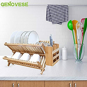 GENOVESE Bamboo Dish Drying Rack with Utensil Flatware Holder, 2-Tier Folding and Compact Drainer Kitchen(1 Utensil Holder) 18 Slots