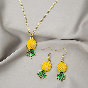 Tropical 2pcs Yellow Ruit Green Leaf Pineapple Earings Pendant Necklace Suit for Women Fashion Dangle Earings Jewellery