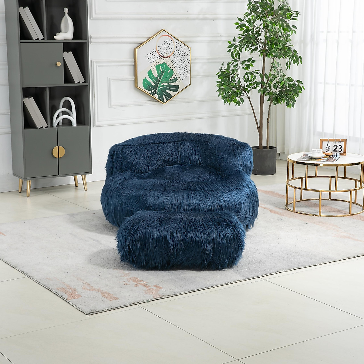 PEIHONGET Bean Bag Chair with Foot Rest,Plush Single Gaming Sofa Chair with Footstool,Lazy Round Recliner Chair Couch with Ottoman and Oversized High Back,for Bedroom,Living Room,Playroom (Navy)