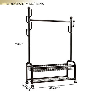 GAMNOF Black Clothes Rack with Wheels, Black Clothing Rack for Hanging Clothes, Black Garment Rack with Storage Shelf, Freestanding Rolling Clothes Rack