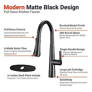Kitchen Faucet with Pull-Down Sprayer, LEPO Matte Black 4-Function Kitchen Pull Out Faucet, Modern High Arc Single Handle Kitchen Utility RV Bar Sink Faucets with Deck Plate (Matte Black)