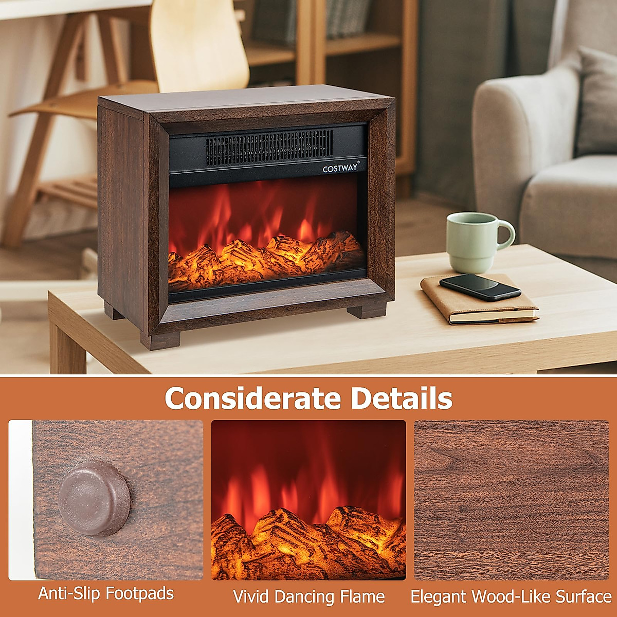 COSTWAY 13 Inch Small Electric Fireplace Heater, Mini Wooden Fireplaces Stove w/Vivid Flame Effect, Overheat Protection, 750W Portable Tabletop Fireplace for Indoor Use, Living Room, Bedroom, Brow