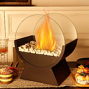 Round Glass Tabletop Fireplace 13.5" H Portable Fire Bowl Pot Clean Burning Bio Ethanol Ventless Fireplace for Indoor Outdoor Patio Parties Events(Black)