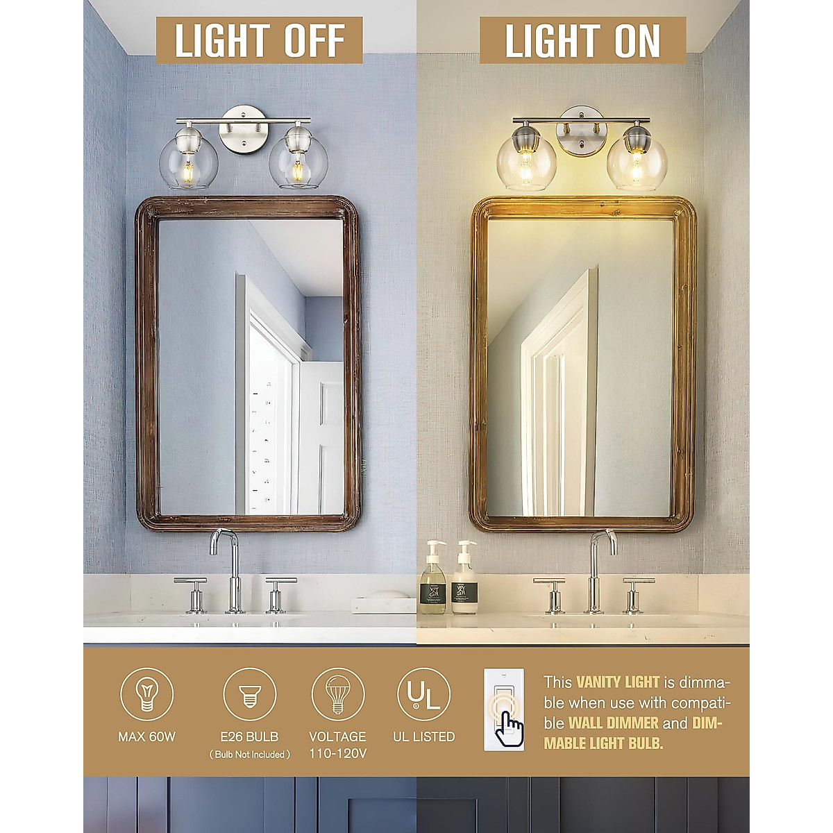 Emak Brushed Nickel Vanity Lights, 2-Light Bathroom Light Fixtures with Clear Glass Shade, Modern Globe Vanity Light for Bathroom, VL114-BN-2