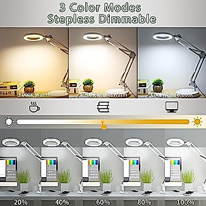 Qsky Magnifying Glass with Light and Stand, 10X Magnifying Lamp, 2-in-1 Desk Lamp with Clamp,3 Color Modes & Stepless Dimmable, LED Lighted Magnifier for Reading, Crafts, Repair, Close Work (White)