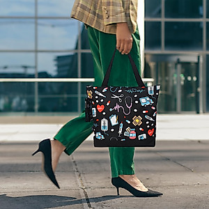 NGIL Medium Top Zipper Closure Canvas Tote Bag with Attached Matching Coin Purse For Moms and Nurses (Nurse Print-Black)