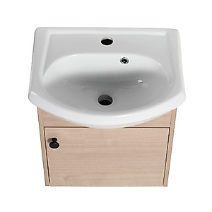 Pvillez Modern Bathroom Vanity with Sink Combo 18 inch Small Bathroom Vanity Set with Top Basin & Storage Cabinet Wood Wall Mounted Light Oak Bath Cabinet with Glossy Ceramic Sink for Small Space
