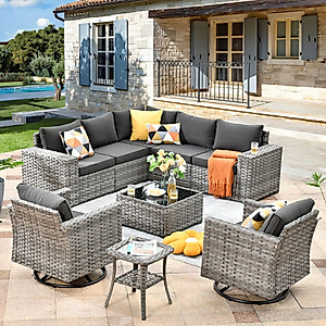 XIZZI Patio Furniture Sets Outdoor Sectional Sofa with Swivel Rocking Chairs,9 PCS All Weather PE Wicker Outside Conversation Couch with Coffee and Side Table for Backyard Deck Garden,Black