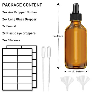 LOTUSBTDT 4oz Dropper Bottles for Essential Oils, 24 Pack 120ml Amber Glass Dropper Bottles with Eye Dropper, 2 Funnel and 2 Long Dropper, Empty Tincture Bottles for Travel, Home use