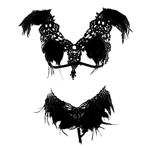 PETMHS Women Harness Feather Epaulette Bralette Strappy Full Body Frame Set Festival Rave Halloween Burning Man Wing (Black)