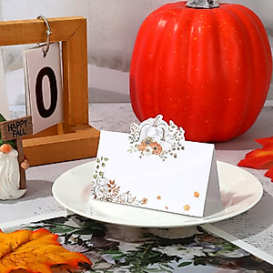 Whaline 100Pcs Fall Place Cards 3.5 x 2 Inch Pumpkin Leaves Tented Cards Autumn Seating Cards for Thanksgiving Party Table Setting Supplies